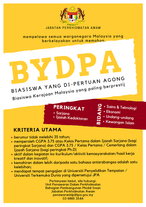 Biasiswa Yang Di-Pertuan Agong (BYDPA) 2020 | Tawaran Biasiswa 2025 Biasiswa Yang Di-Pertuan Agong (BYDPA) 2020 | Tawaran Biasiswa 2025